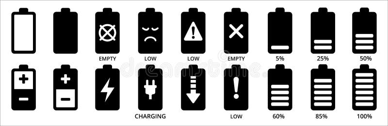 Battery Icon Set. Battery Capacity Icon. Battery Percentage Level Signs ...