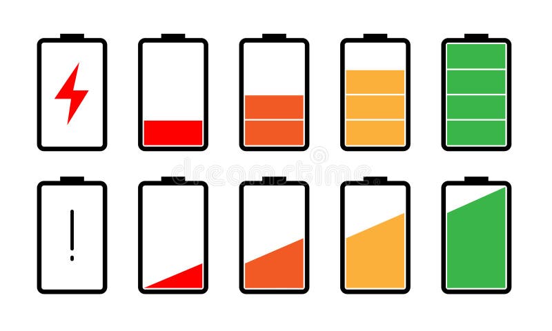 Battery Icon Set, Colored Charge Level Indicator, Power Low Up Status ...