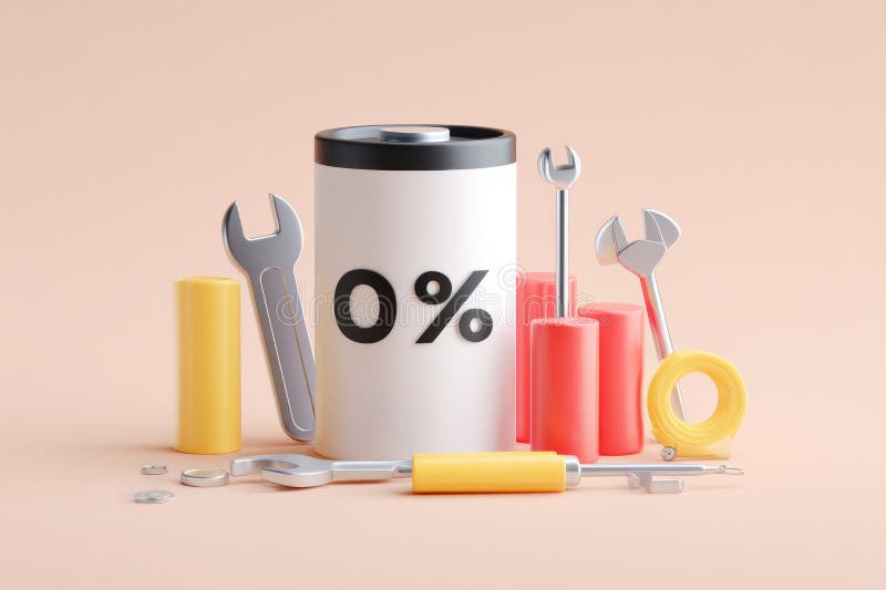 Battery Icon at Zero Surrounded by Tools and Fixing Equipment Showing ...