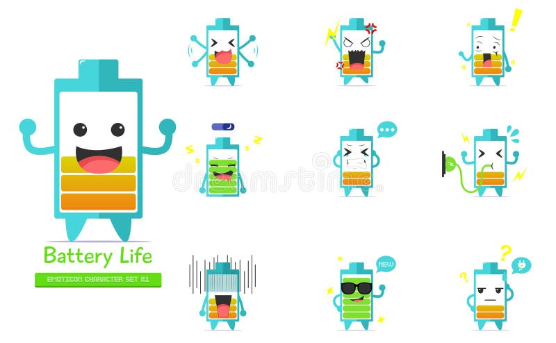Battery Life Emoticon Character Set #1 Stock Vector - Illustration of ...