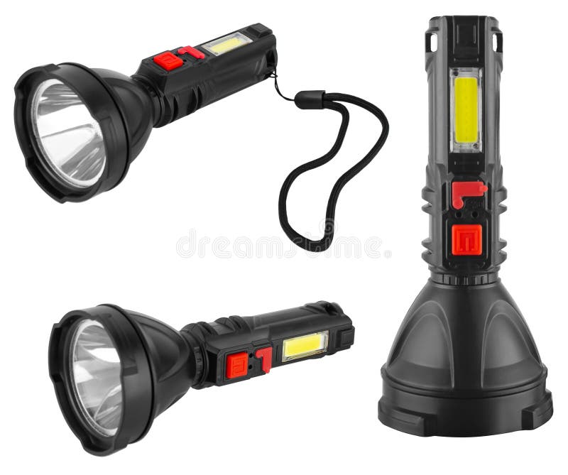 Battery-powered Flashlight, Hand-held, on a White Background Stock ...