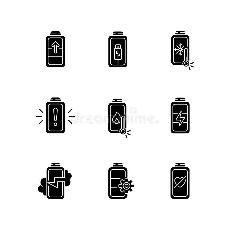 Battery Problems Black Glyph Icons Set on White Space Stock Vector ...
