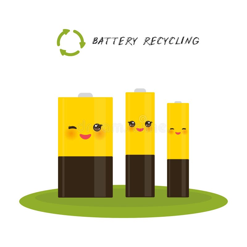 Battery Recycling, Set of Three Batteries Smiling and Winking Eye ...