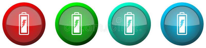 Battery Round Glossy Web Icon Set, Colorful Buttons Isolated on White ...