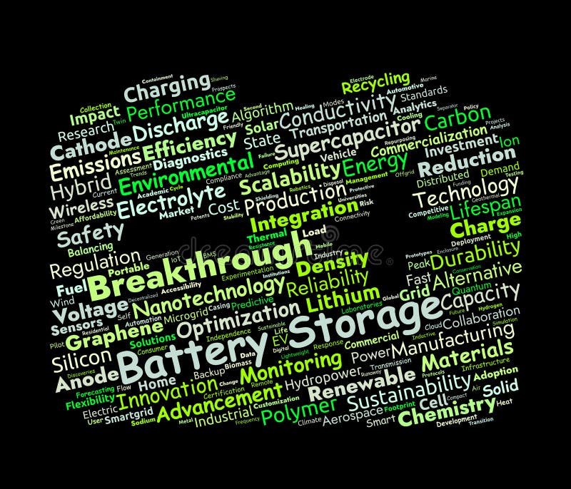 Battery Storage Breakthroughs Word Cloud. Innovations Shaping the ...