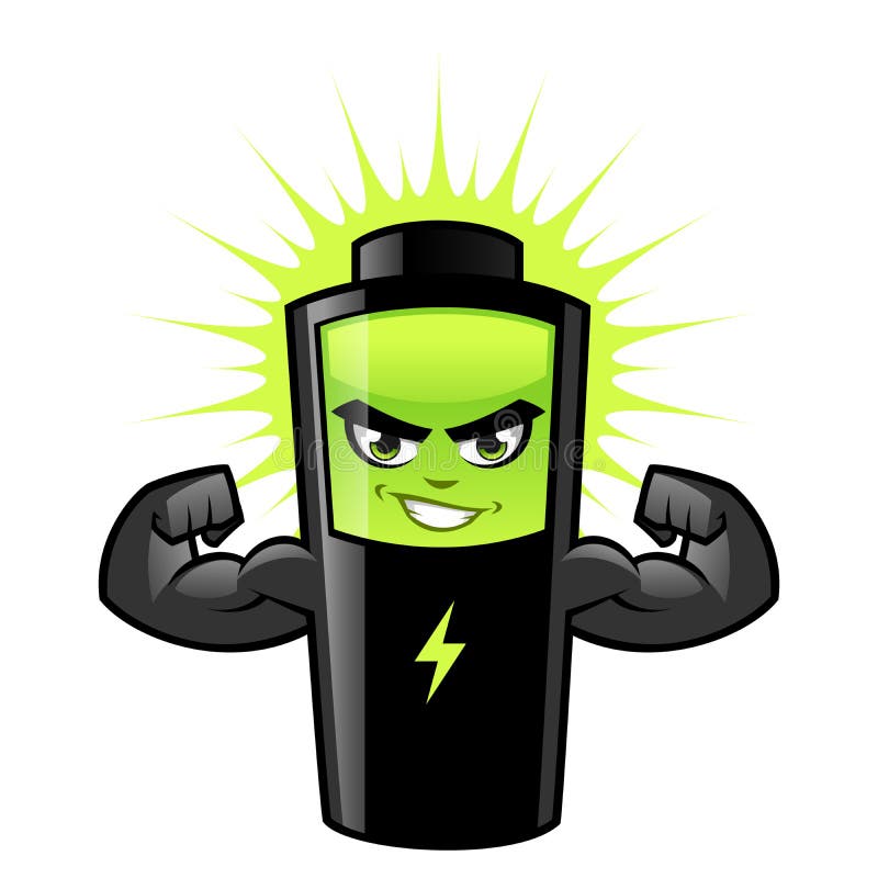 Strong Battery Man Standing and Shows His Muscles. Full Charged Green ...
