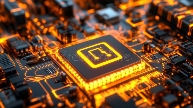 Battery Symbol on a Microchip. Data Flows from Battery Over Futuristic ...