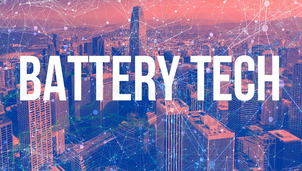 Battery Tech Theme with Abstract Network Patterns and Skyscrapers Stock ...