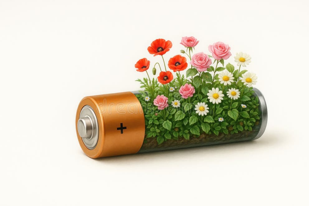 A Battery from Which Flowers Grow. Space for Text. Stock Image - Image ...