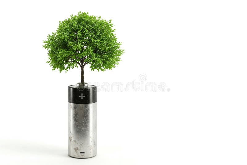 A Battery from Which a Green Tree Grows. Space for Text. Stock Photo ...