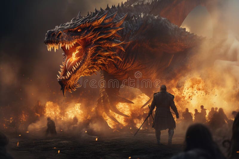 Battle between an Army of People and One Giant Fire Dragon Stock ...