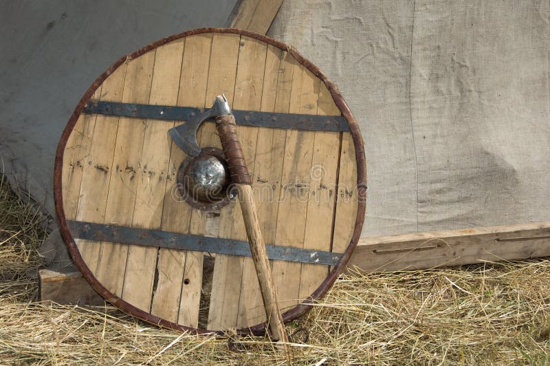 Battle Ax and a Wooden Shield. Stock Image - Image of steel, historical ...