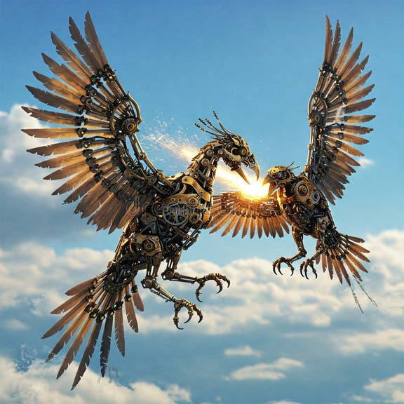 Battle between Cyborg Birds Stock Illustration - Illustration of plant ...