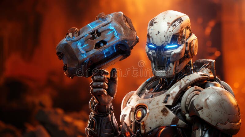 Battle Scene with Cyborg Robot Fighting Stock Illustration ...