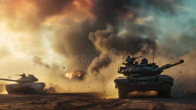 Battle Scene with Multiple Tanks in Dramatic Landscape Stock ...
