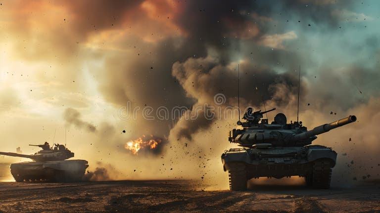 Battle Scene with Multiple Tanks in Dramatic Landscape Stock ...