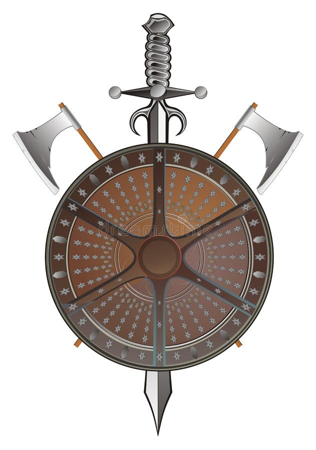 Battle Shield with Axes and Sword Stock Illustration - Illustration of ...