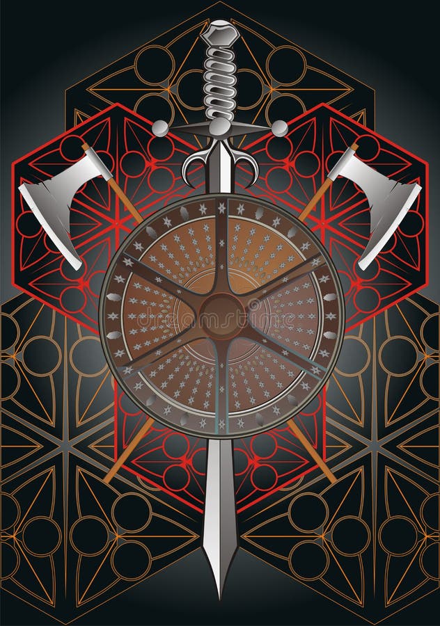 Viking Design, Crossed Viking Battle Axes and Shield of a Viking with ...