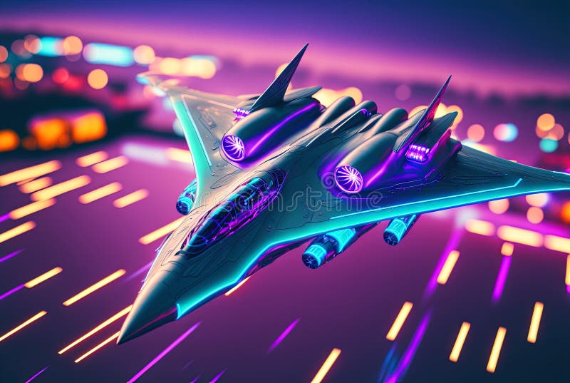 Battle Spaceship with Neon Lights. Futuristic Flight in Space ...