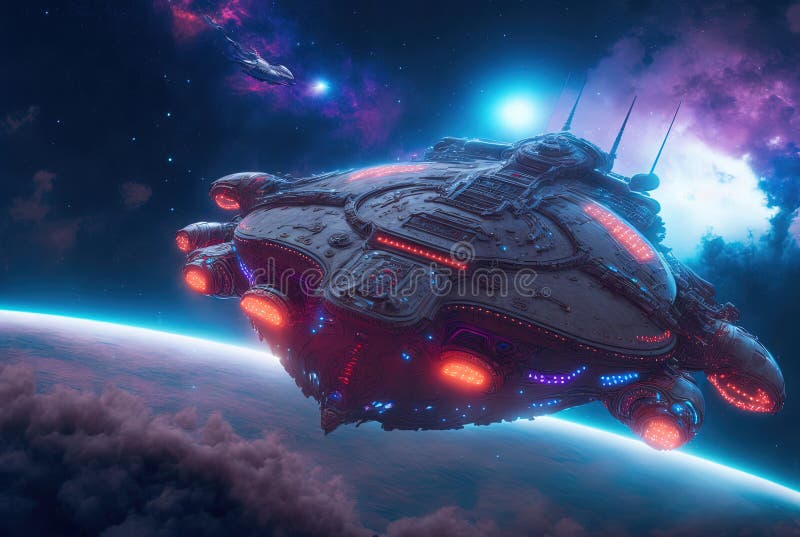 Battle Spaceship with Neon Lights. Futuristic Flight in Space ...