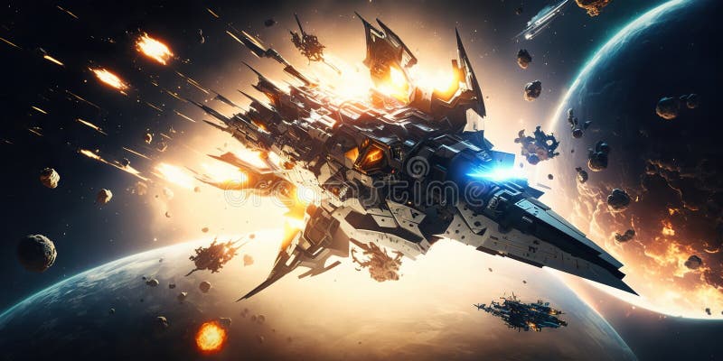Battle of Spaceships, Attack on the Space Station. Explosion of a Ship ...