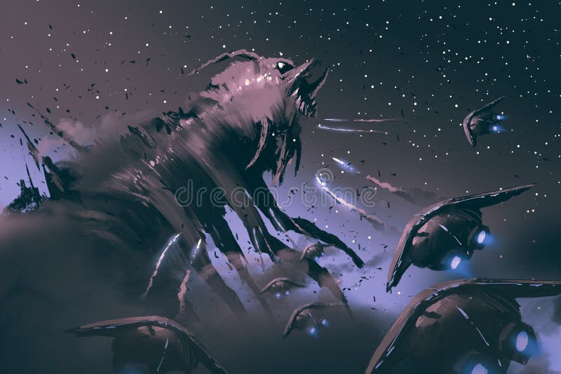 Battle between Spaceships and Insect Creature Stock Illustration ...