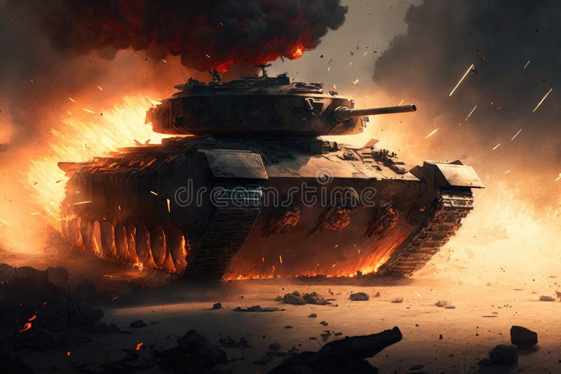 Battle Tank, Surrounded by Fire, during Intense Battle Stock ...