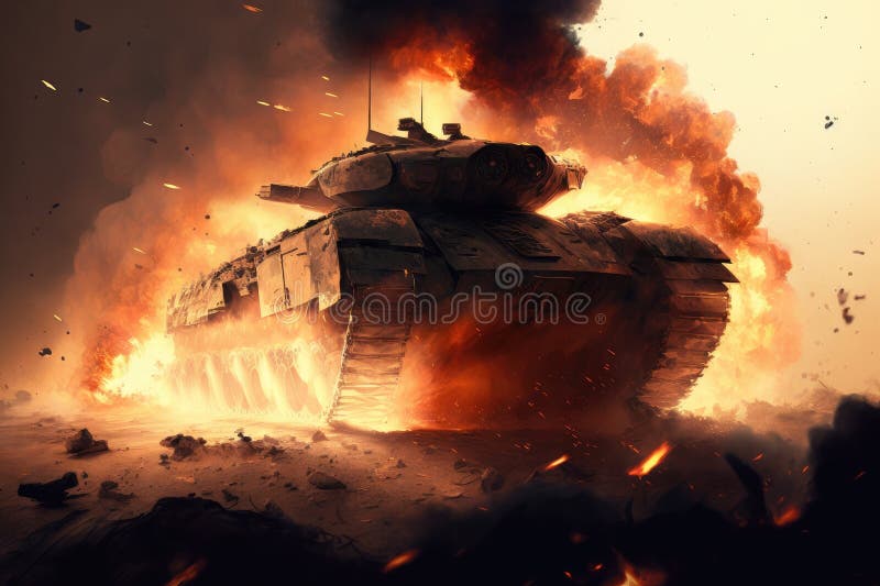 Battle Tank, Surrounded by Fire, during Intense Battle Stock ...