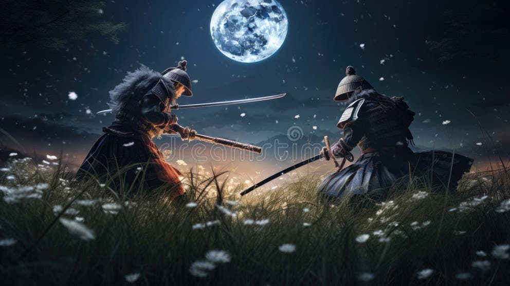 The Battle of Two Samurai in a Meadow Under the Moonlight Stock ...