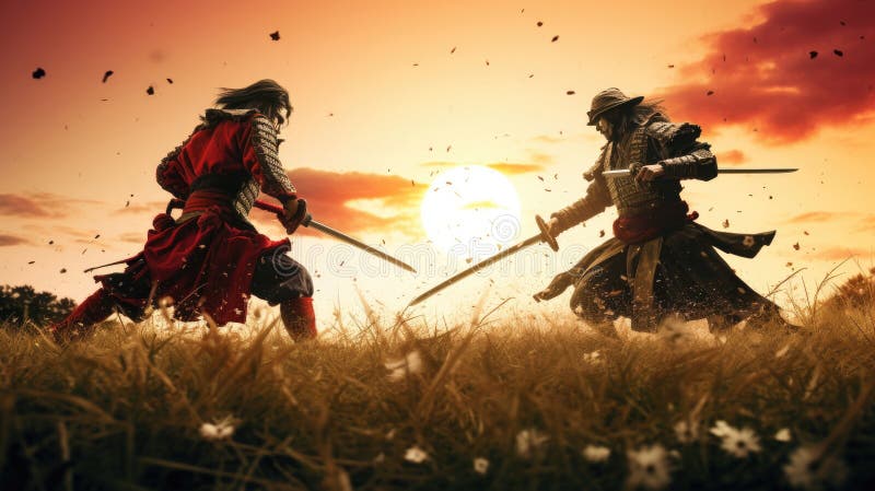 The Battle of Two Samurai in a Meadow Under the Sunset Stock ...