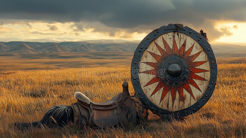 A Rugged, Lightweight Mongolian War Shield Resting Against a Fallen ...