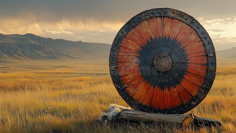 A Rugged, Lightweight Mongolian War Shield Resting Against a Fallen ...