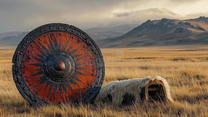 A Rugged, Lightweight Mongolian War Shield Resting Against a Fallen ...