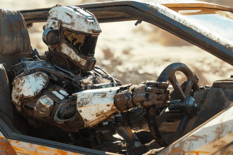 Battle-worn Robotic Driver in Rugged Off-road Vehicle Navigating Dusty ...