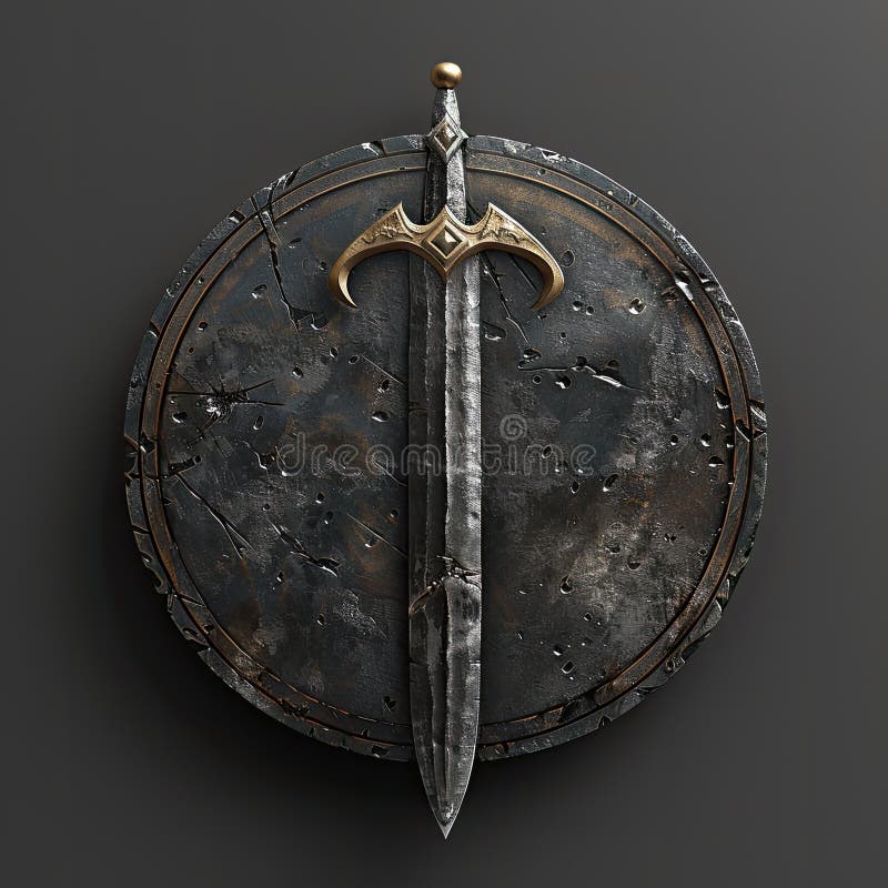 Battle-worn Shield and Sword on a Dark Background Stock Illustration ...