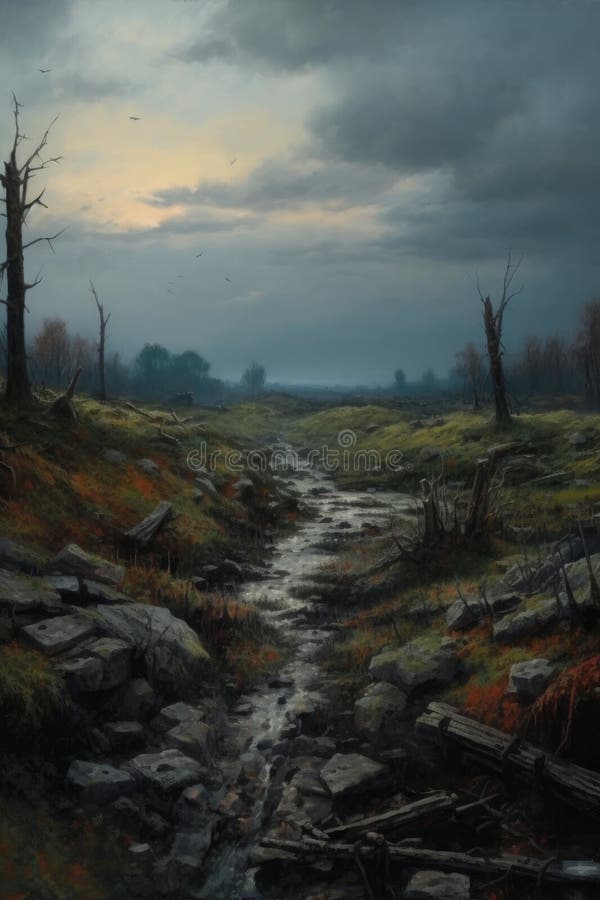 Battlefield Landscape with Signs of Conflict and Remembrance Stock ...