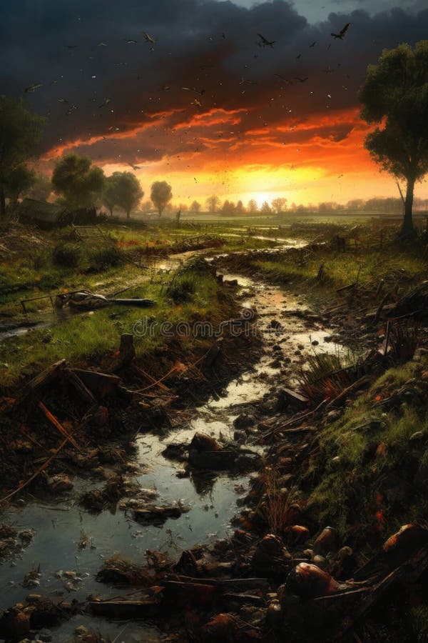 Battlefield Landscape with Signs of Conflict and Remembrance Stock ...