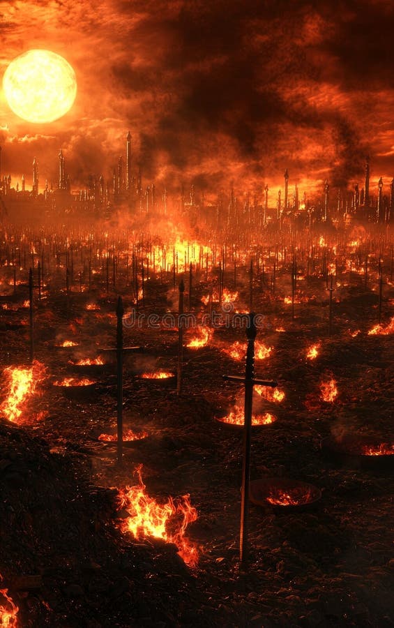 Battlefield Marked Scattered Swords and Flames Reflects Aftermath ...