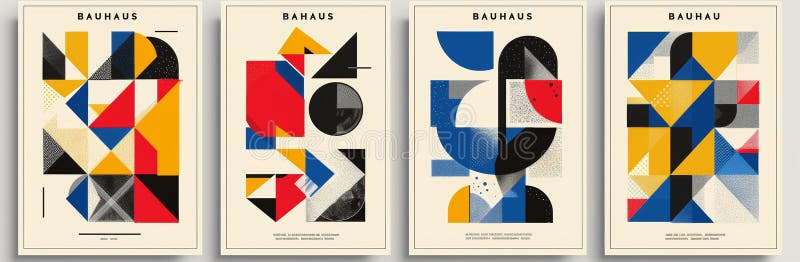 Bauhaus Retro Poster Set with Geometric Shapes Patterns in Yellow Blue ...