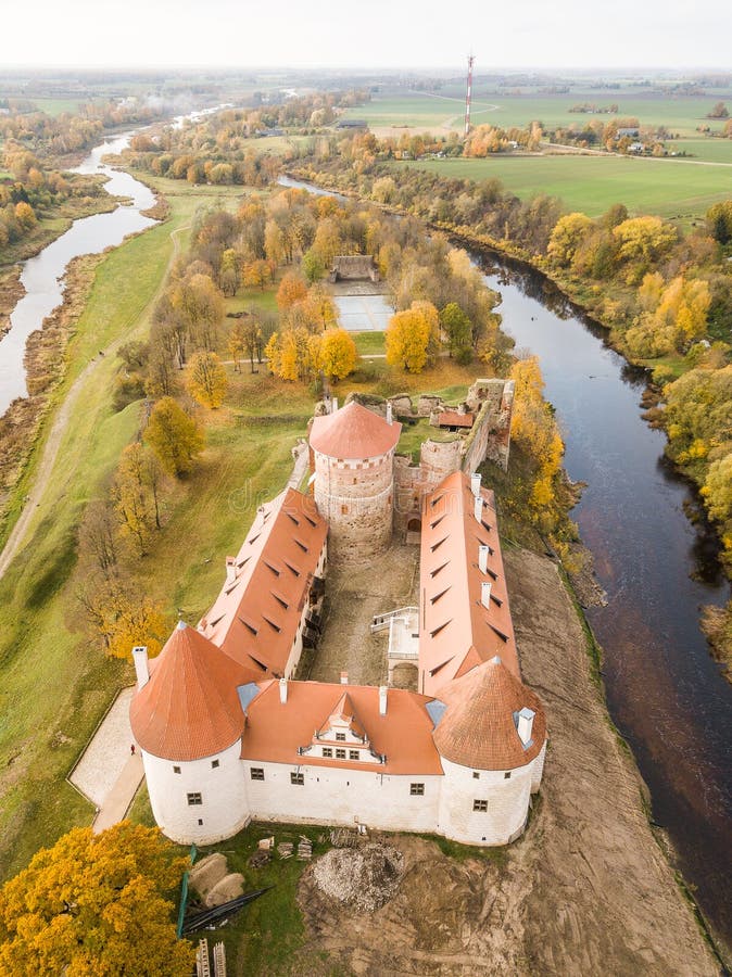 Bauska Town Aerial Panorama with Bauska Medieval Castle Stock Image ...