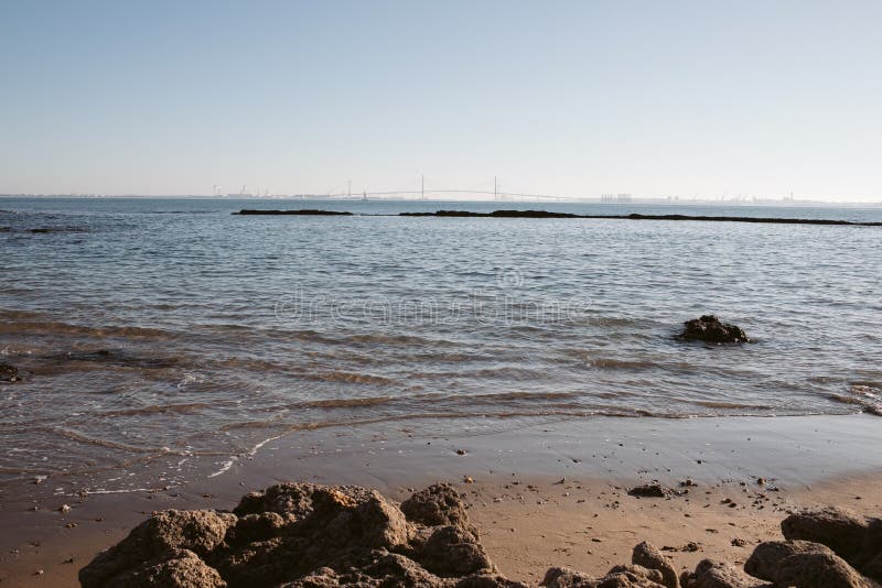Bay of Cadiz. View of 1812 Constitution Bridge at Cadiz from the Beach ...