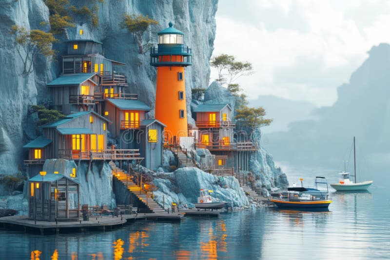 A Bay with a Small Village and a Lighthouse Located at the Base of the ...