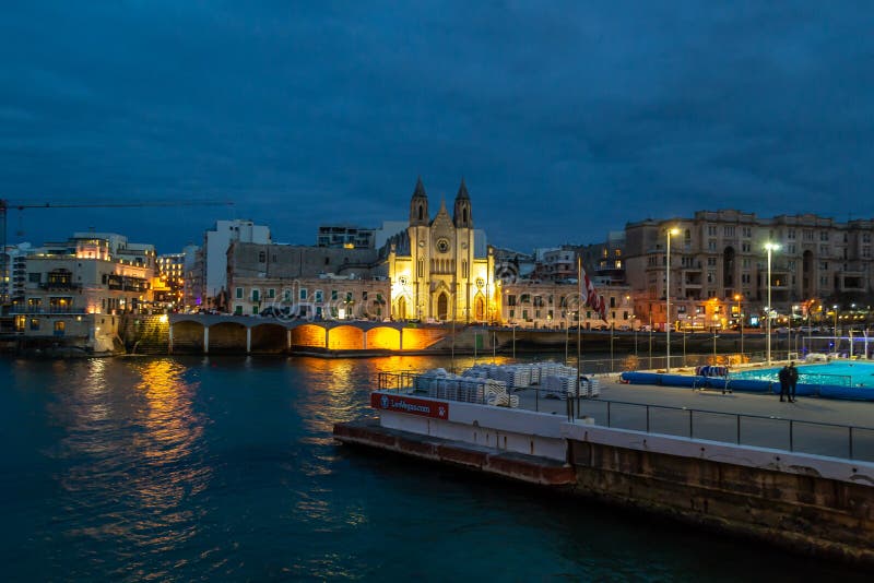 Sliema at Night, Illuminated by Lights, Malta Editorial Photography ...