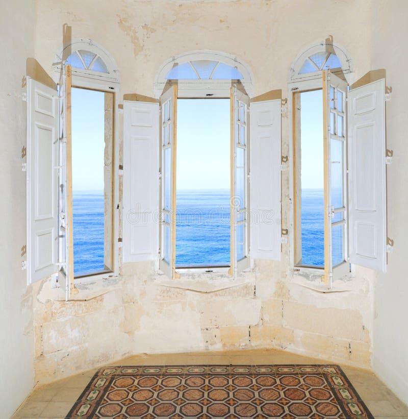 Bay Window Overlooking Mediterranean Sea Stock Image - Image of mosaics ...