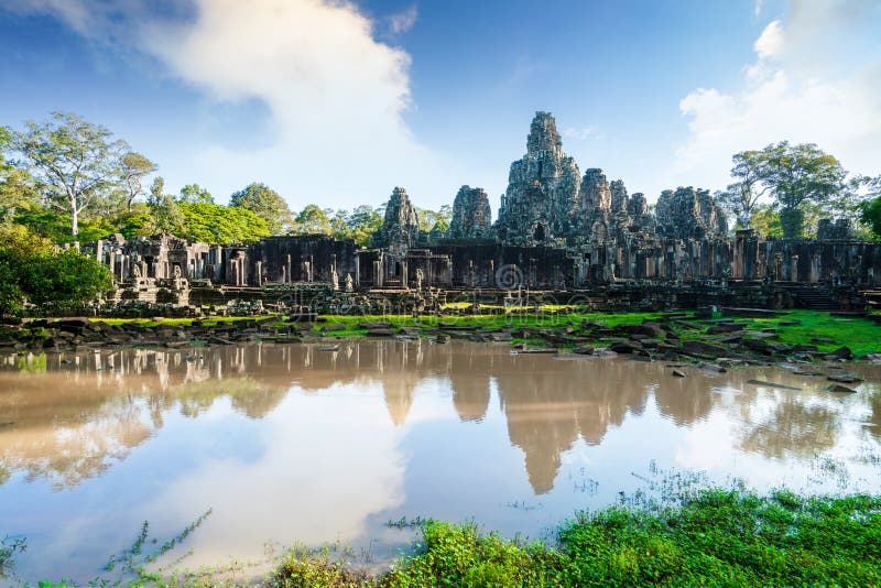 Bayon Temple in the Angkor Wat Stock Image - Image of angkor, lake ...