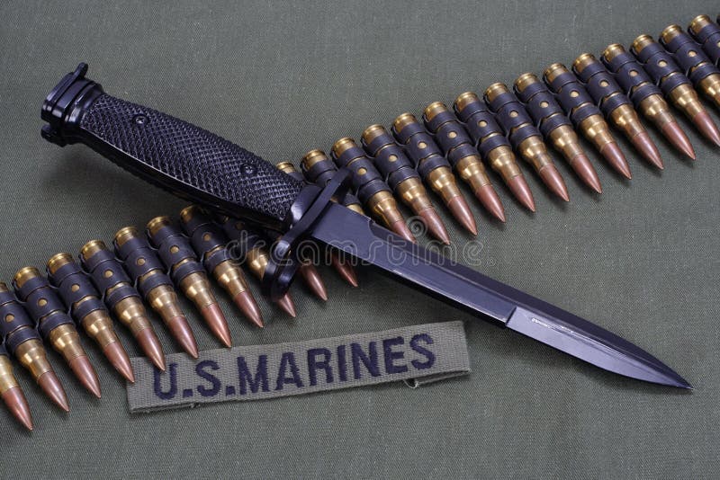 Bayonet and Ammunition Belt on US MARINES Uniform Background Stock ...