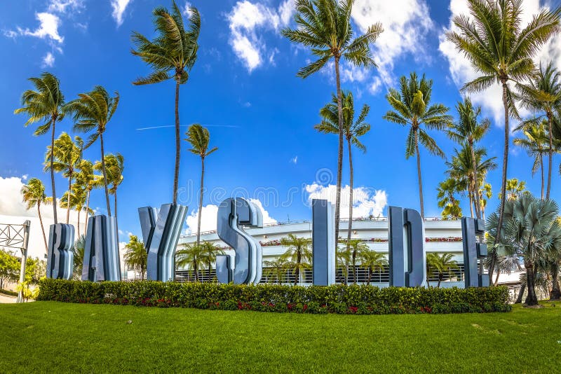 Bayside Area of Miami Sign View Stock Photo - Image of america ...