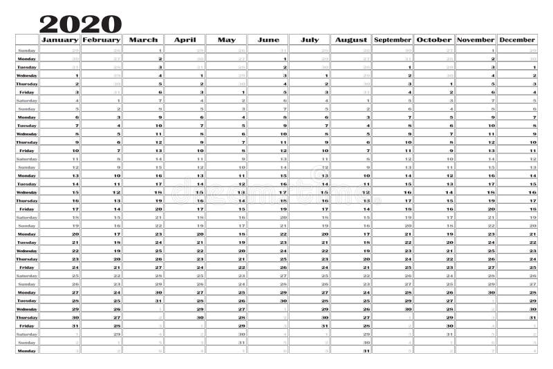 2020 Calendar Template.Yearly Planner Stationery Universal, Classic ...