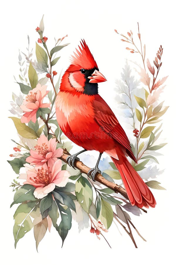 Red Cardinal Bird on a Branch with Flowers Painted in Watercolor Stock ...