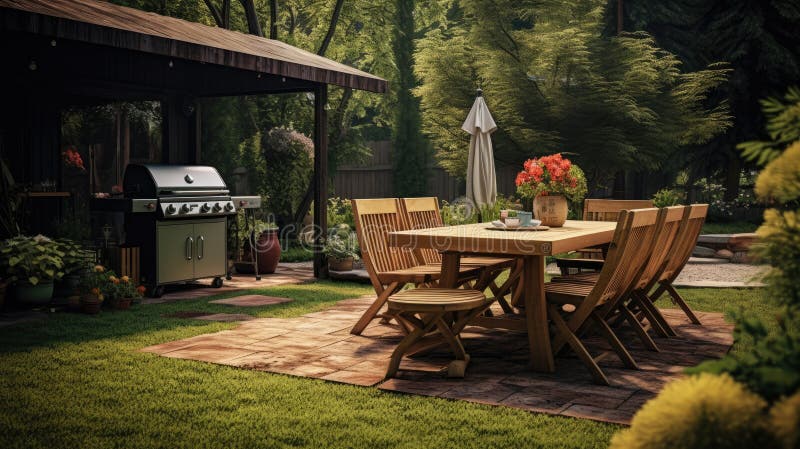 BBQ Backyard with Table and Chairs, Grill. Backyard Picnic Area Stock Image - Image of outdoor ...